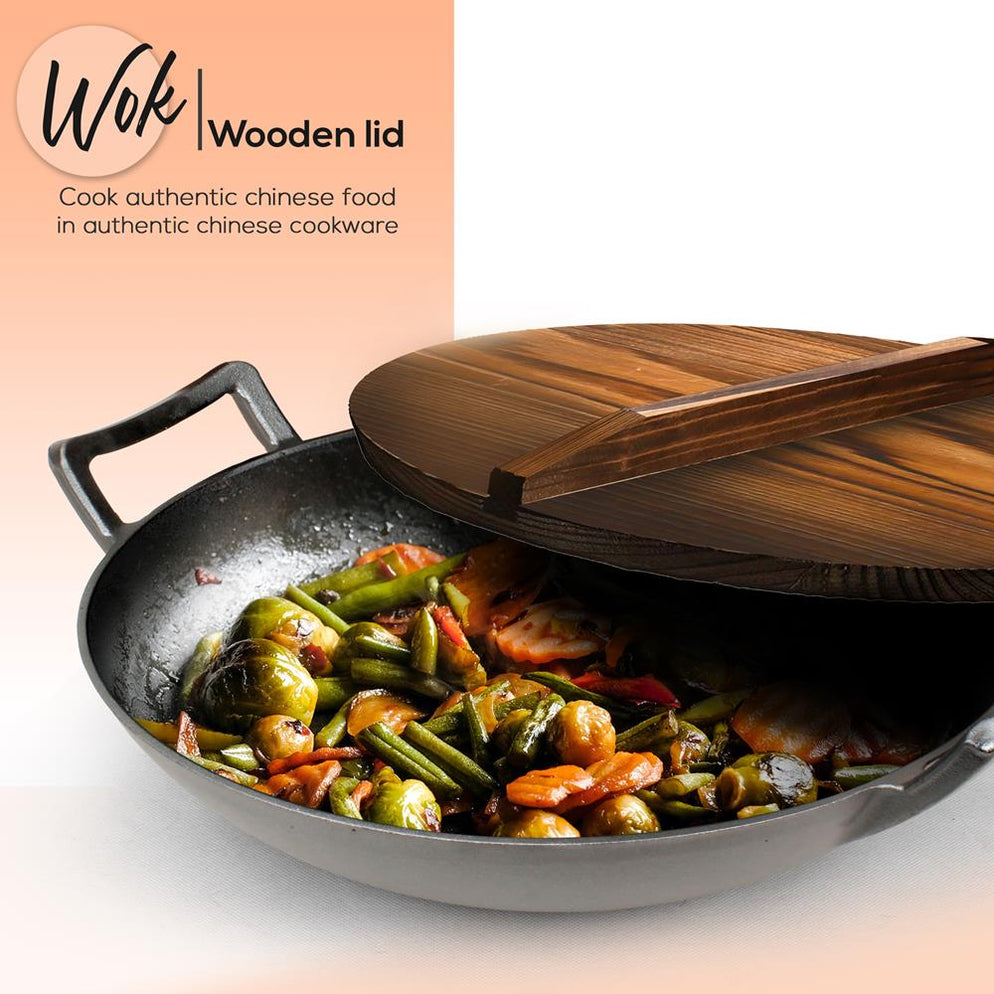 Cast Iron Wok 5.8 Qt Even Heat Pre-Seasoned with Wooden Lid — NutriChef ...