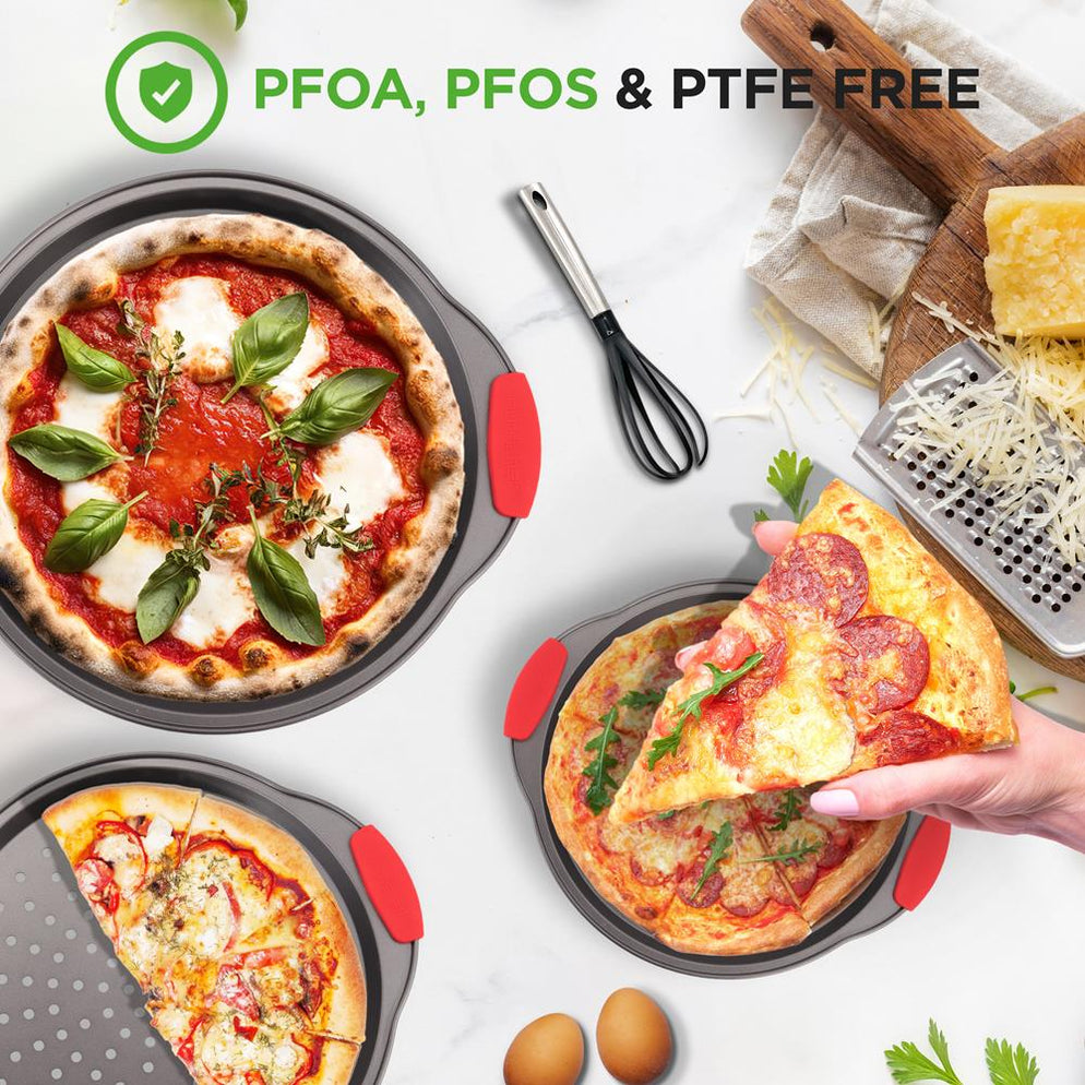 3-Piece Pizza Tray Set for Crispy Pizzas, Nonstick Carbon Steel, Gray ...