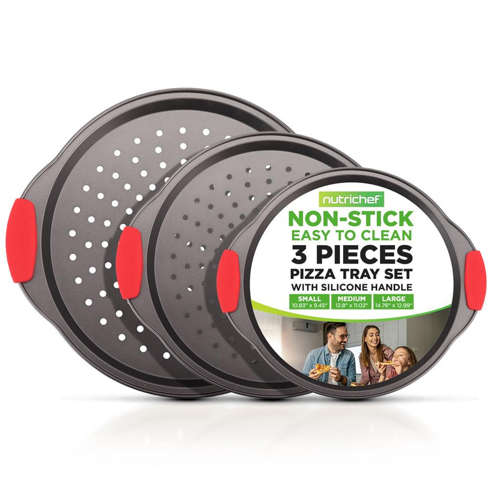 3-Piece Pizza Tray Set for Crispy Pizzas, Nonstick Carbon Steel, Gray ...