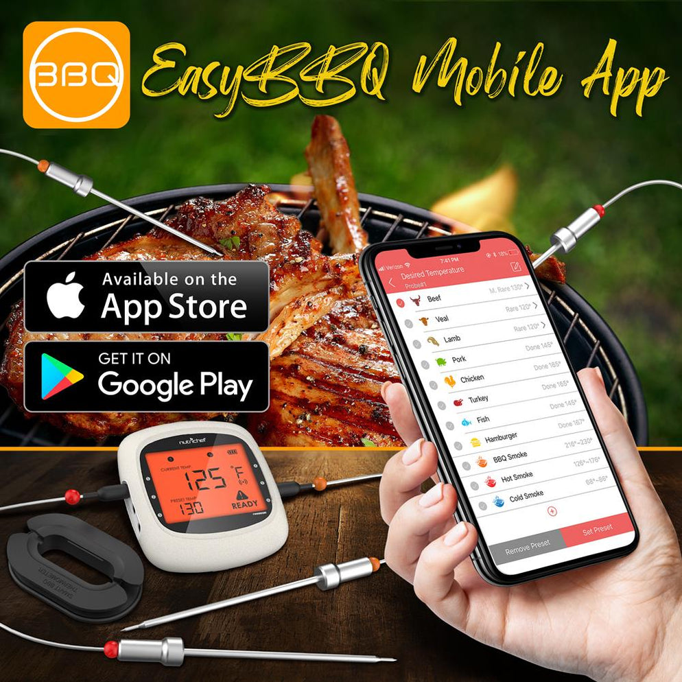 Bluetooth Meat Thermometer, 6 Probes, 400 Ft Range, LCD Display ...