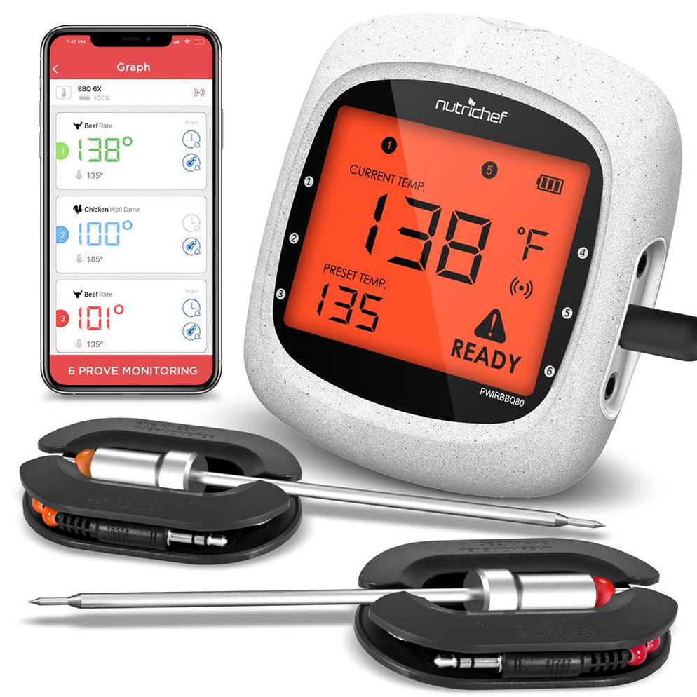 Bluetooth Meat Thermometer, 6 Probes, 400 Ft Range, LCD Display ...